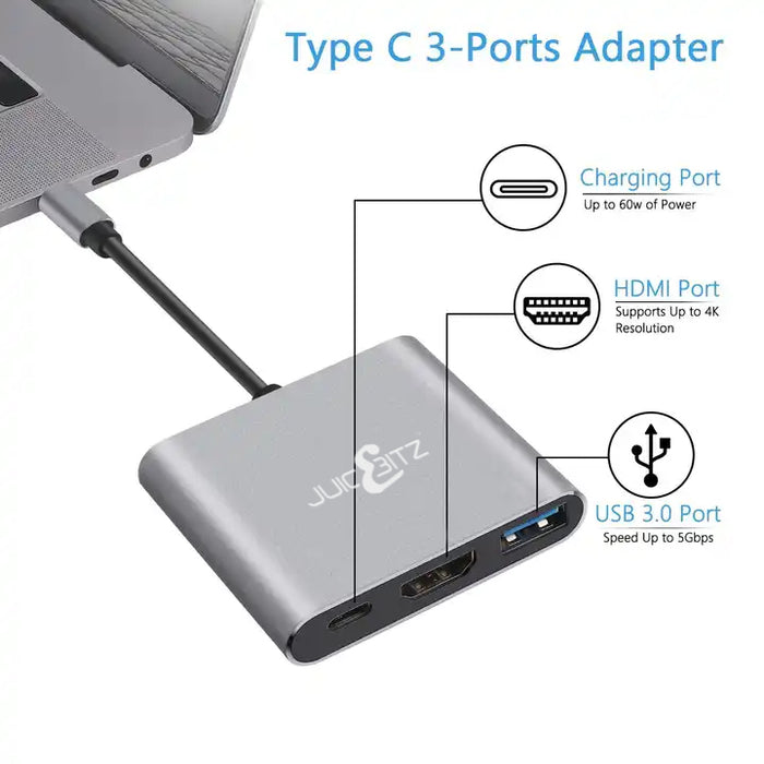 JuicEBitz - 4K USB-C Adapter 3 Port HDMI Female USB3.0 USB-C PD Output